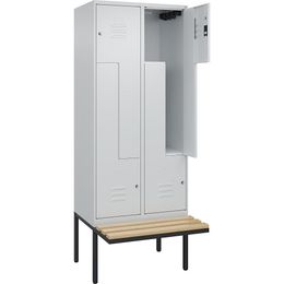 C+P Z-Spind Classic PLUS Sitzbank, 2 Abteile, lichtgrau, B 800 mm, Zylinderschloss, auskragend, Buche-Hartholz