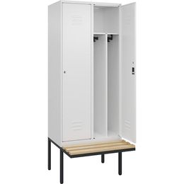 C+P Schwarz-Weiß-Spind Classic PLUS Sitzbank, schmal, 2 Abteile, Trennwand verkürzt, verkehrsweiß, B 800 mm, Zylinderschloss, auskragend, Buche-Hartholz