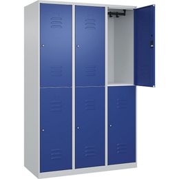 C+P Doppelstock-Spind Classic PLUS, 3 Abteile, lichtgrau / enzianblau, HxB 1850 x 1200 mm, mit Bodengleitern, Zylinderschloss