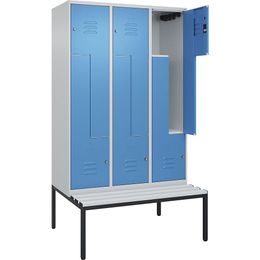 C+P Z-Spind Classic PLUS Sitzbank, 3 Abteile, lichtgrau / lichtblau, B 1200 mm, Zylinderschloss, untergebaut, Kunststoff