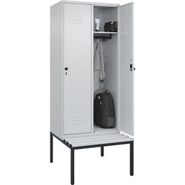 C+P Spind Classic PLUS Sitzbank, 2 Abteile, lichtgrau, B 800 mm, Sicherheits-Drehriegel, untergebaut, Kunststoff