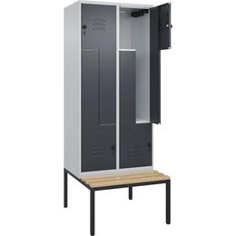 C+P Z-Spind Classic PLUS Sitzbank, 2 Abteile, lichtgrau / grau, B 800 mm, Sicherheits-Drehriegel, untergebaut, Buche-Hartholz