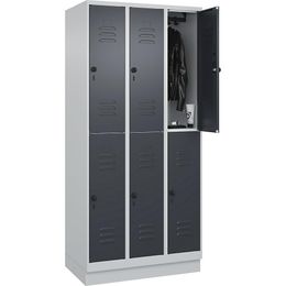 C+P Doppelstock-Spind Classic PLUS, 3 Abteile, lichtgrau / grau, HxB 1950 x 900 mm, mit Bodensockel, Drehriegel