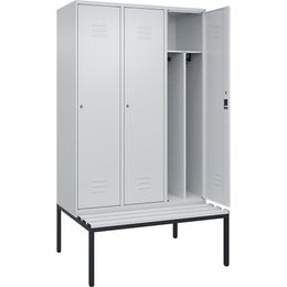 C+P Schwarz-Weiß-Spind Classic PLUS Sitzbank, schmal, 3 Abteile, Trennwand verkürzt, lichtgrau, B 1200 mm, Zylinderschloss, untergebaut, Kunststoff