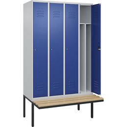 C+P Schwarz-Weiß-Spind Classic PLUS Sitzbank, schmal, 4 Abteile, Trennwand verkürzt, lichtgrau / enzianblau, B 1200 mm, Zylinderschloss, auskragend, Buche-Hartholz