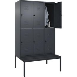 C+P Doppelstock-Spind Classic PLUS Sitzbank, 3 Abteile, grau, B 1200 mm, Sicherheits-Drehriegel, untergebaut, Kunststoff