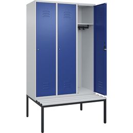 C+P Spind Classic PLUS Sitzbank, 3 Abteile, lichtgrau / enzianblau, B 1200 mm, Zylinderschloss, untergebaut, Kunststoff