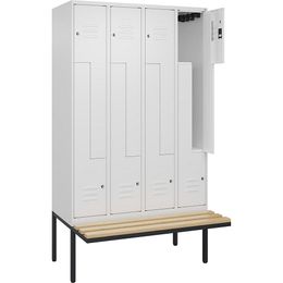 C+P Z-Spind Classic PLUS Sitzbank, 4 Abteile, verkehrsweiß, B 1200 mm, Zylinderschloss, auskragend, Buche-Hartholz