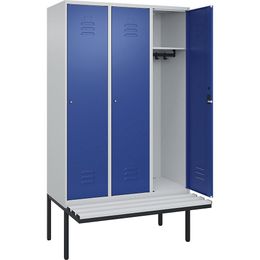C+P Spind Classic PLUS Sitzbank, 3 Abteile, lichtgrau / enzianblau, B 1200 mm, Zylinderschloss, auskragend, Kunststoff