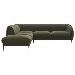 Ecksofa FLEXLUX "Belle Designsofa, L-Form, B/T 268/209 cm" Sofas Gr. B/H/T: 268cm x 74cm x 209cm, Velvet, lange Ottomane links, grün (moss green) Skandinavisches Design, In hochwertiger Verarbeitung