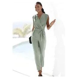 Overall Lascana Gr. 42, N-Gr, grün (jade) Damen Overalls aus knitterfreier Ware, eleganter Jumpsuit in Wickeloptik, bügelfrei