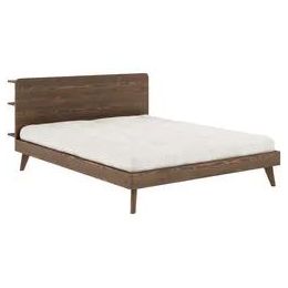 Bettgestell KARUP DESIGN "RETREAT BED" Betten Gr. Liegefläche B/L: 160 cm x 200 cm Höhe: 93 cm, braun (carob brown lackiert) aus Kiefer massiv mit Lattenrost, Kopfteil 3 Ablagen