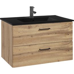 Waschtisch Welltime "Trento Badezimmerschrank mit Becken Bestseller" Waschtische Gr. Becken schwarz eckig, braun (wotaneiche, wotaneiche) Badmöbel in Breite 80 cm , Waschplatz mit 2 Schubladen, Badschrank