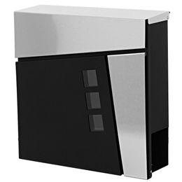 Briefkasten MCW-B29, Wandbriefkasten Postkasten Zeitungsfach, pulverbeschichtet ~ schwarz/Edelstahl
