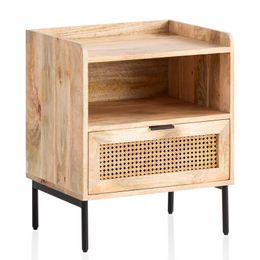 FineBuy Nachtkonsole Massivholz Rattan Nachttisch Schublade Ablage Nachtk&auml;stchen BOHO