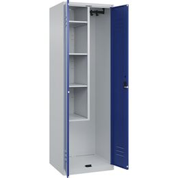 C+P Putzmittelspind Classic PLUS, 1 Abteil, Trennwand mittig, verkürzt, lichtgrau / enzianblau, B 600 mm, mit Bodengleitern, Zylinderschloss
