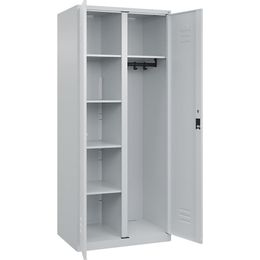 C+P Putzmittelspind Classic PLUS, 1 Abteil, Trennwand mittig, lichtgrau, B 800 mm, mit Bodengleitern, Zylinderschloss