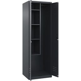 C+P Putzmittelspind Classic PLUS, 1 Abteil, Trennwand mittig, verkürzt, grau, B 600 mm, mit Bodengleitern, Zylinderschloss