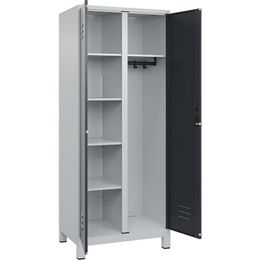 C+P Putzmittelspind Classic PLUS, 1 Abteil, Trennwand mittig, lichtgrau / grau, B 800 mm, mit Füßen, Zylinderschloss