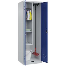 C+P Putzmittelspind Classic PLUS, 1 Abteil, Trennwand mittig, verkürzt, lichtgrau / enzianblau, B 600 mm, mit Bodengleitern, Drehriegel