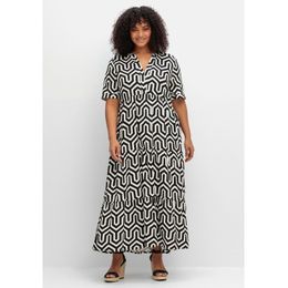 Maxikleid sheego "Große Größen" Gr. 52, Normalgrößen, schwarz-weiß (schwarz, weiß gemustert) Damen Kleider mit Alloverprint und Stufenvolants