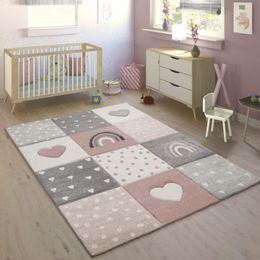 Kinderteppich Paco Home "Cosmos 349" Teppiche Gr. B: 200 cm 1 St., 16 mm, L: 290 cm, pink Kinder Kurzflor, kariert, 3D Effekt, Motiv Regenbogen, Herz & Punkte