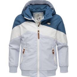 Outdoorjacke Ragwear "Kristla Block" Gr. 128, blau (indigo) Mädchen Jacken Dreifarbige Übergangsjacke