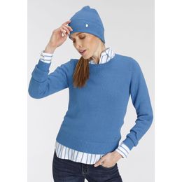 Rundhalspullover DELMAO Gr. 32/34, blau Damen Pullover mit passender Mütze - NEUE MARKE