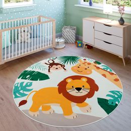 Kinderteppich Paco Home "Bino 582" Teppiche Gr. Ø 200 cm 1 St., 4 mm, beige Kinder Spielteppich, Motiv Tiere, Löwe & Giraffe, Kinderzimmer