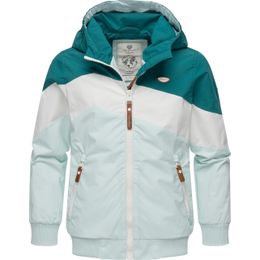 Outdoorjacke Ragwear "Kristla Block" Gr. 128, blau (ocean) Mädchen Jacken Dreifarbige Übergangsjacke