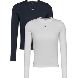 Langarmshirt Tommy Jeans "TJW 2PACK SLIM ESSENTIAL RIB LS" Gr. L (40), blau (white, dark night navy) Damen Shirts in Rippoptik, mit Logostickerei