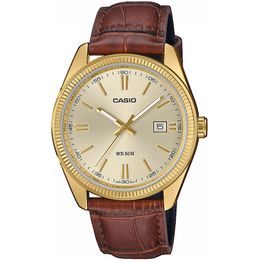 Quarzuhr CASIO TIMELESS COLLECTION Armbanduhren braun (braun, champagnerfarben) Herren Armbanduhr, Herrenuhr, Lederarmband, analog, Tag, Neo-Display