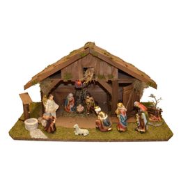 Krippe ALFRED KOLBE "Krippenstall ohne Trafo", braun, B:55cm H:28cm T:30cm, Holz, Weihnachtskrippen, mit Laterne, Brunnen, Lagerfeuer, 11 cm, Figuren 11tlg.