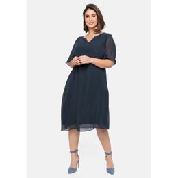 Chiffonkleid sheego "Große Größen" Gr. 40, Normalgrößen, blau (nachtblau) Damen Kleider Partykleid mit Schmucksteinen am Ausschnitt