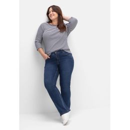 Bootcut-Jeans sheego "Große Größen" Gr. 42, Normalgrößen, blau (dark blue denim) Damen Jeans SUSANNE ideal bei viel Bauch und schmalen Beinen