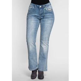 Bootcut-Jeans sheego by Joe Browns "Große Größen", Damen, Gr. 21, Kurzgrößen, blau (light blau denim), Obermaterial: 70% Baumwolle, 28% Polyester, 2% Elasthan, unifarben, casual, lang, Jeans, mit Pailletten am Bund