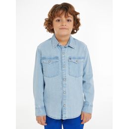 Langarmhemd Tommy Hilfiger "DENIM SHIRT LS" Gr. 8 (128), N-Gr, blau (denim mid wash) Jungen Hemden Kinder bis 16 Jahre mit Logostickerei