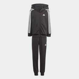 Trainingsanzug adidas Sportswear "ESSENTIALS 3-STREIFEN SHINY" Gr. 110, schwarz-weiß (black, white) Kinder Sportanzüge