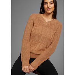 Rundhalspullover Laura Scott Gr. 32/34 (XS), gelb (camel, melange) Damen Pullover mit Wording - NEUE KOLLEKTION