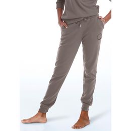 Jogginghose BENCH. LOUNGEWEAR, Damen, Gr. 32/34, N-Gr, grau (taupe), Sweatware, Obermaterial: 60% Baumwolle, 40% Polyester, unifarben, bestickt, casual, bequem lang, Hosen, mit dezenter Logostickerei, Loungeanzug