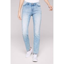 Regular-fit-Jeans SOCCX, Damen, Gr. 27, Länge 34, blau, Material: 68% Baumwolle, 16% Polyester, 14% Lyocell, 2% Elasthan, Zusatz: Enthält nichttextile Teile tierischen Ursprungs (Badge), Abriebeffekte, casual, regular fit, Jeans, mit Bleaching-Effekten