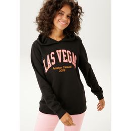 Sweatshirt Aniston CASUAL, Damen, Gr. 36, bunt (schwarz, rosa, orange), angeraute Sweatware, Obermaterial: 80% Baumwolle, 20% Polyester. Kapuzenfutter: 80% Baumwolle, 20% Polyester, bedruckt, bestickt, lässig geschnitten hüftbedeckend, Rippbündchen, Sweatshirts, mit aufgestickter "LAS VEGAS"-Applikation