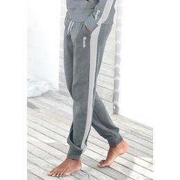 Sweathose BENCH. LOUNGEWEAR Gr. 32/34, N-Gr, grau (stone, weiß) Damen Hosen mit Seitenstreifen und schmalem Bein