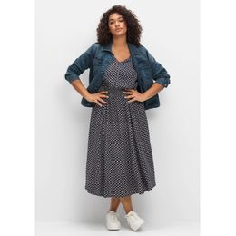 Druckkleid sheego "Große Größen" Gr. 44, Normalgrößen, blau (tiefblau gemustert) Damen Kleider mit Minimalprint und Smokbund