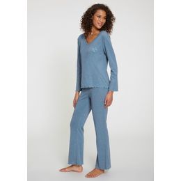 Pyjama s.Oliver Gr. 32/34, blau (blau meliert) Damen Homewear-Sets mit Babylock-Abschlüssen