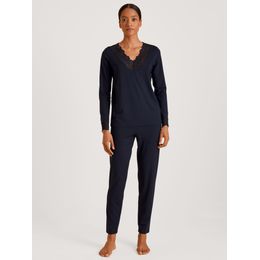 Schlafanzug Calida "Elegant Dreams", Damen, Gr. L (48/50), blau (schwarz lapis blau), Single Jersey, Obermaterial: 95% Modal (TENCEL), 5% Elasthan, unifarben, leicht transparent, feminin, comfort fit lang, V-Ausschnitt, Homewear-Sets, mit Spitzensaum und -bündchen