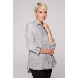 Jeansbluse SOCCX Gr. L/XL, grau (light grau bleached), Damen, Material: 97% Baumwolle, 3% Elasthan, bedruckt, Blusen, im Turn-Up-Look