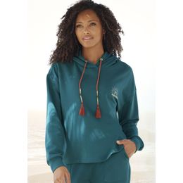 Hoodie Vivance, Damen, Gr. 40/42, blau (petrol), Obermaterial: 60% Baumwolle, 40% Polyester. Kapuzenfutter: 60% Baumwolle, 40% Polyester, bedruckt, unifarben, bequem h&uuml;ftlang, Sweatshirts Hoodie, Kapuzensweatshirt mit Print, Loungewear