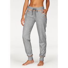 Relaxhose BENCH. LOUNGEWEAR, Damen, Gr. 32/34, N-Gr, bunt (hellgrau, orange), Interlock, Graumeliert (Obermaterial): 85% Baumwolle, 15% Polyester, kontrastfarbene Details, meliert, unifarben, Basic, bequem lang, Hosen Relaxhose, mit kontrastfarbenen N&auml;hten, Loungewear
