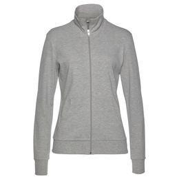 Sweatjacke BENCH. LOUNGEWEAR, Damen, Gr. 32/34, grau (hellgrau, melange), Interlock, Obermaterial: 90% Baumwolle, 10% Polyester, meliert, unifarben, Basic, figurbetont normal, Bündchen, Sweatjacken, mit glänzender Logostickerei am Stehkragen, Loungeanzug